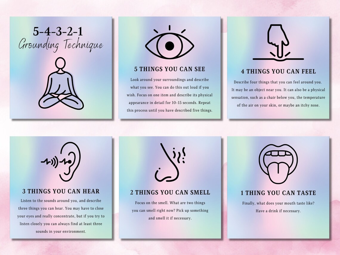 Grounding Technique Cards for Anxiety & Panic Attacks 5-4-3-2-1 ...