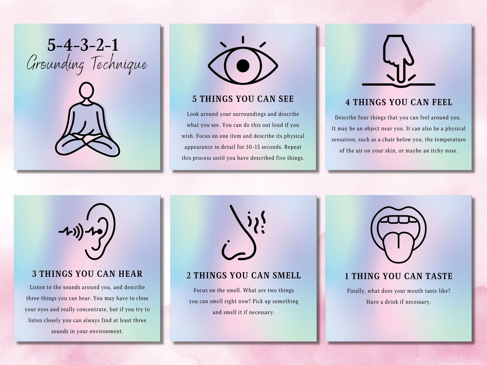 Grounding Technique Cards for Anxiety & Panic Attacks 5-4-3-2-1 ...