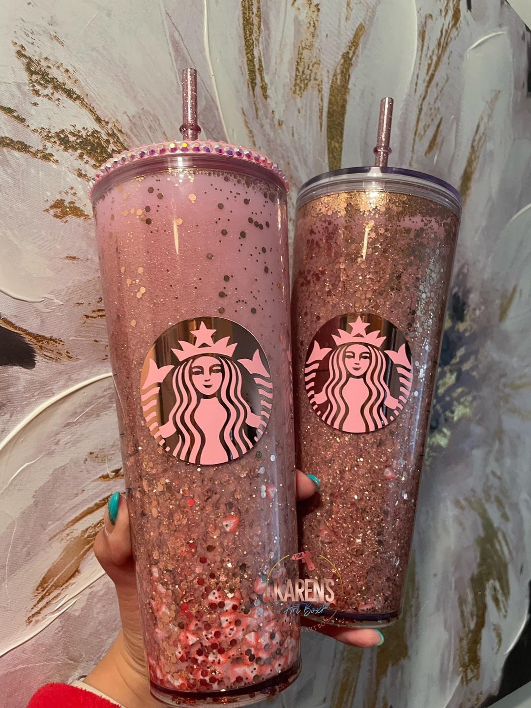 Rose Gold Strawberry Pink Drink Snowglobe Tumbler | Custom Starbucks ...