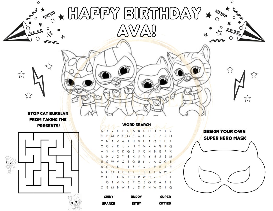 Superkitties Inspired Activity Sheet, Superkitties Birthday Placemat ...