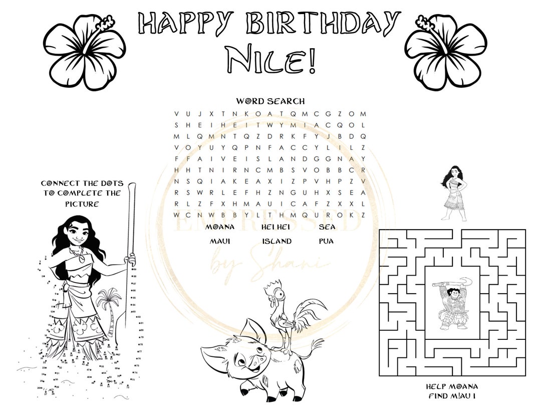 Moana Inspired Activity Sheet, Moana Birthday Placemat, Birthday Party ...