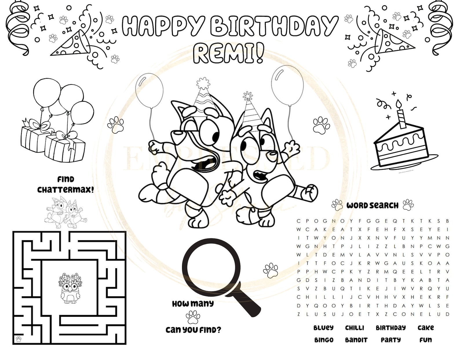 Bluey Inspired Activity Sheet, Bluey Birthday Placemat, Birthday Party ...
