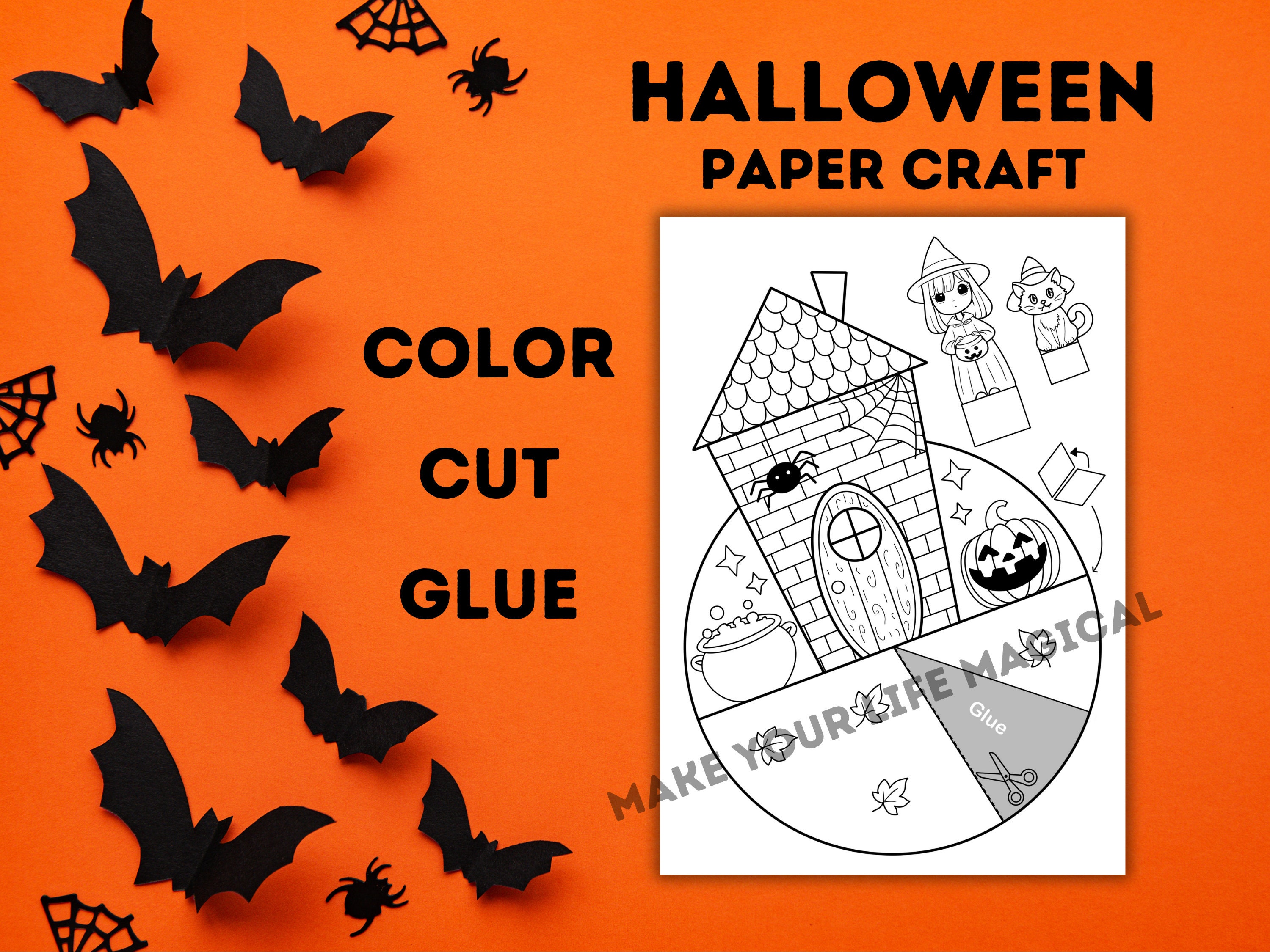 Halloween Paper Crafts for Kids Haunted House, Witch and Cat Paper ...