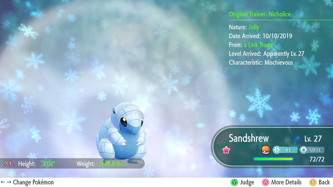 Shiny/non-shiny Alolan Sandshrew/sandslash 6IV XL - Pokémon Let's Go ...
