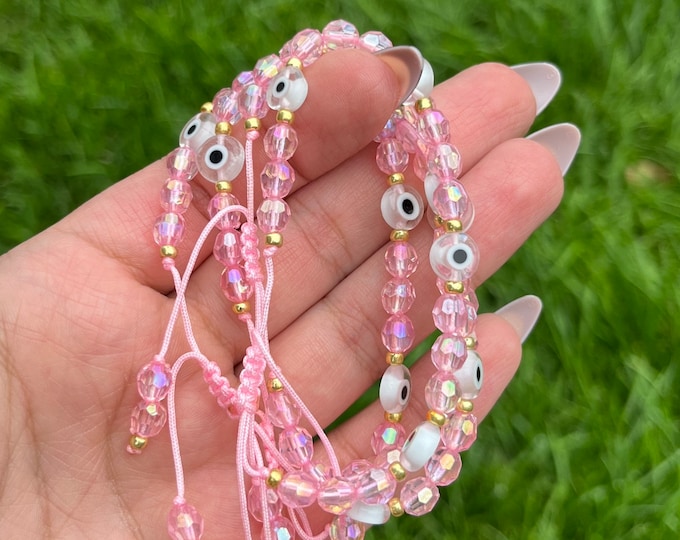 Pink Evil Eye Bracelet, Crystal Pink Bracelet, Minimalist Jewelry, Pink ...