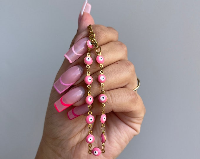 Pink Evil Eye Bracelet, Crystal Pink Bracelet, Minimalist Jewelry, Pink ...