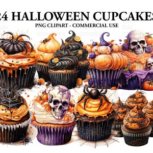 Halloween Cupcake Pumpkin Watercolor Clipart, Skull Pumpkin Cupcake ...