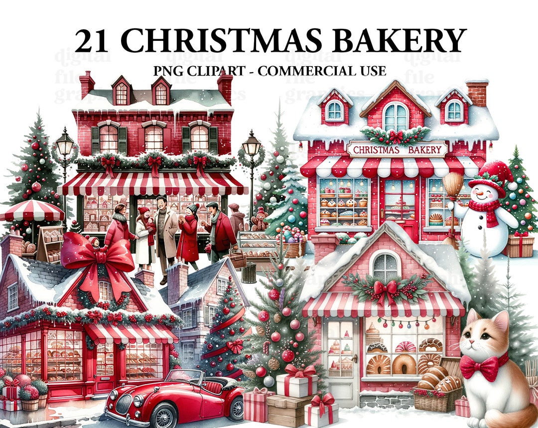 Christmas Bakery Watercolor Clipart, Christmas Festive Shop Clipart PNG ...