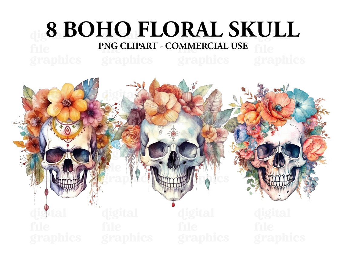 Boho Skull Watercolor Clipart Gothic Clipart Skull Floral - Etsy
