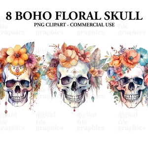 Boho Skull Watercolor Clipart, Gothic Clipart, Skull Floral Bundle PNG ...