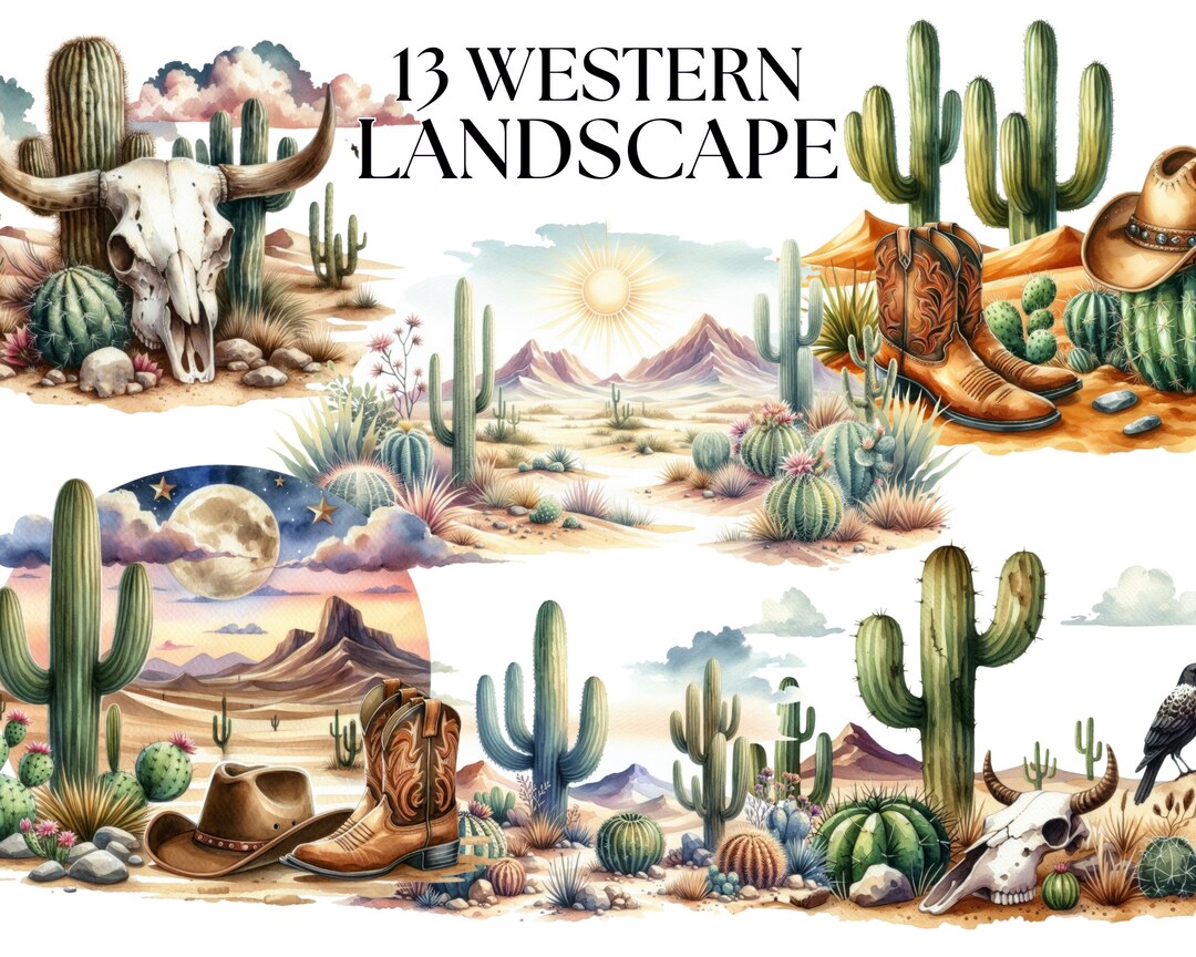 Western Landscape Cowboy Watercolor Clipart, Western Bundle PNG, Cactus ...