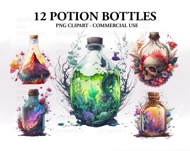 Witches Potion Bottles Watercolor Clipart Magical Mystical - Etsy