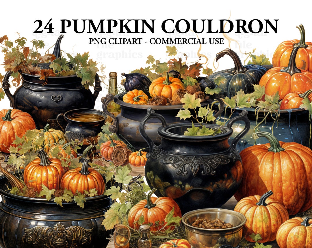 Pumpkin Cauldron Watercolor Clipart, Halloween Witch Cauldron Clipart ...