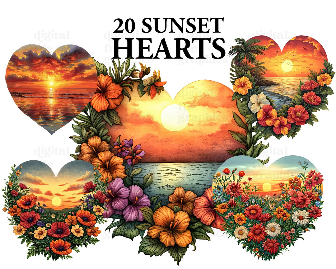 Sunset Heart Watercolor Clipart, Watercolor Sunset Flower Heart ...
