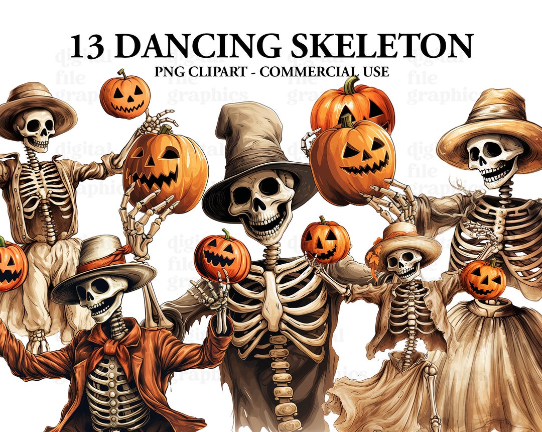 Halloween Skeleton Pumpkin Watercolor Clipart, Halloween Skull Clipart ...