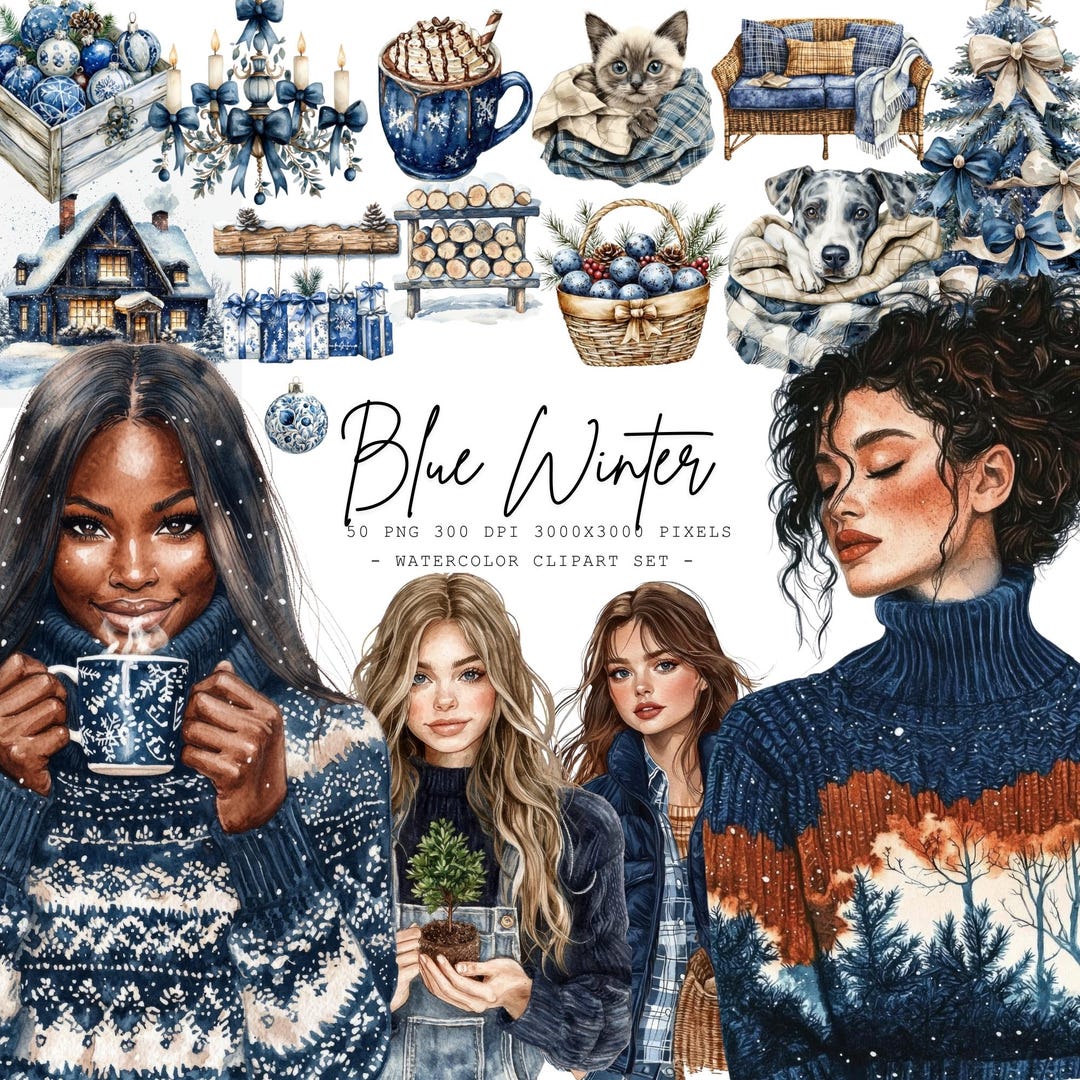 50 Watercolor Winter Clipart, Blue Winter PNG Graphic, Christmas ...