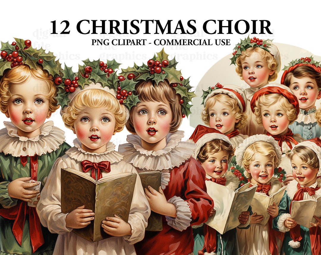 Christmas Choir Watercolor Clipart, Vintage Christmas Spirit Clipart ...