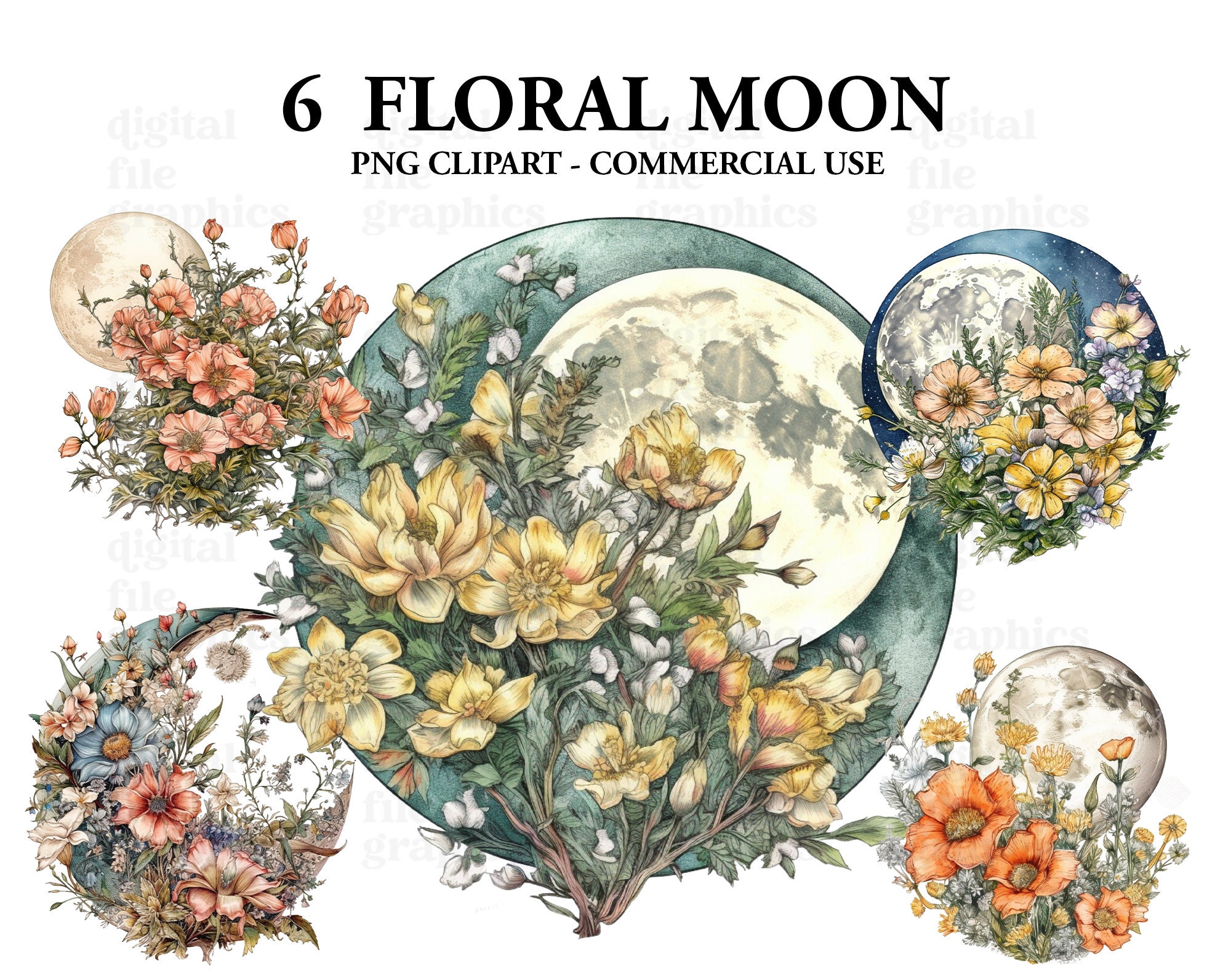 Moon Floral Watercolor Clipart Mystical Moon Style Floral - Etsy UK