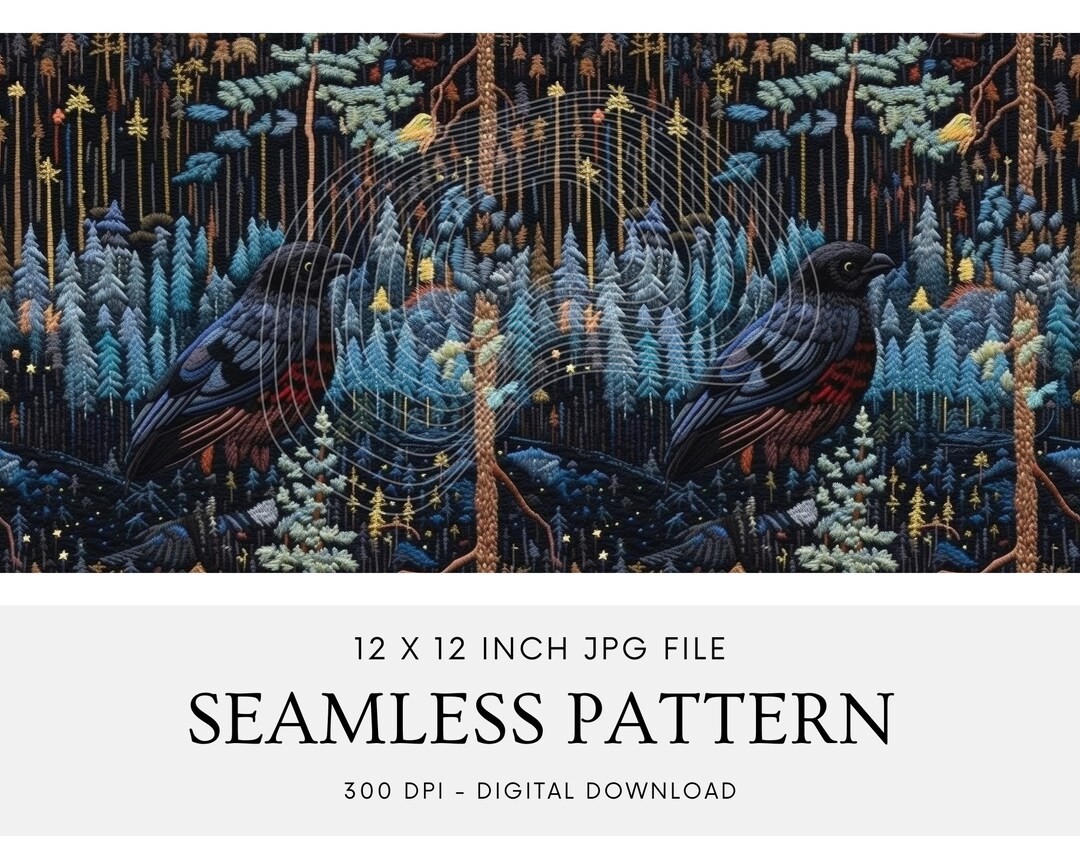 Raven Halloween Landscape Embroidery Seamless Pattern, Raven Embroidery ...