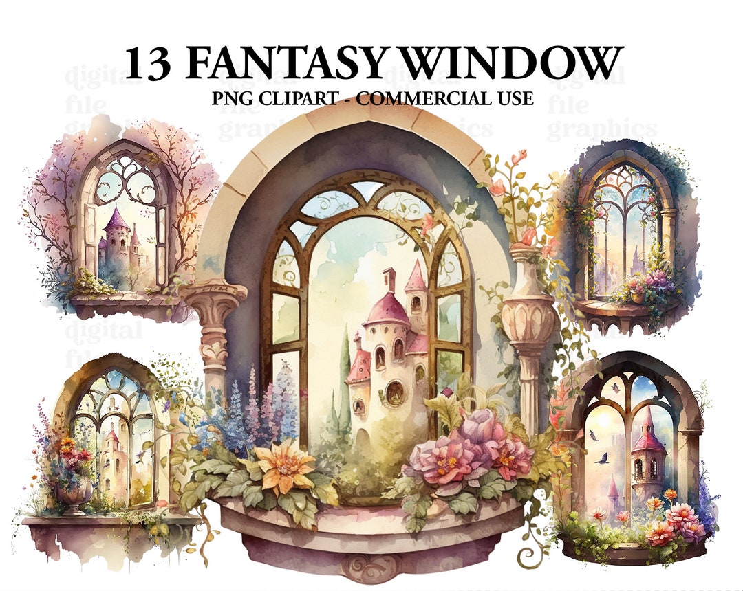 Fantasy Castle Window Watercolor Clipart, Window Clipart, Fantasy ...