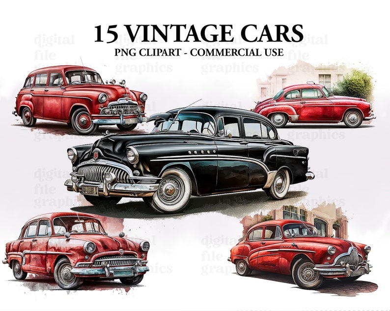 Vintage Cars Watercolor Clipart Car Bundle PNG Red Car - Etsy