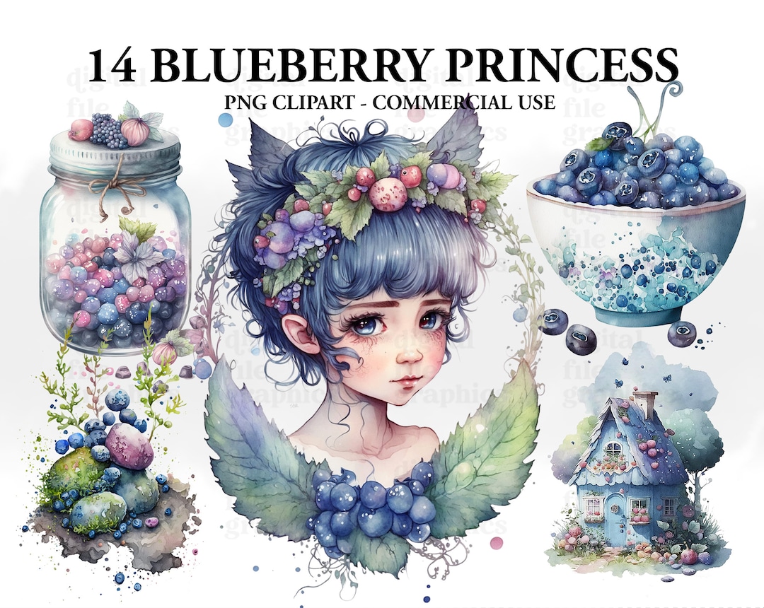 Blueberry Princess Watercolor Clipart, Princess Clipart PNG, Portrait ...