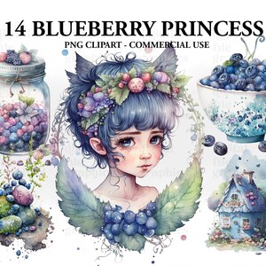 Blueberry Princess Watercolor Clipart, Princess Clipart PNG, Portrait ...