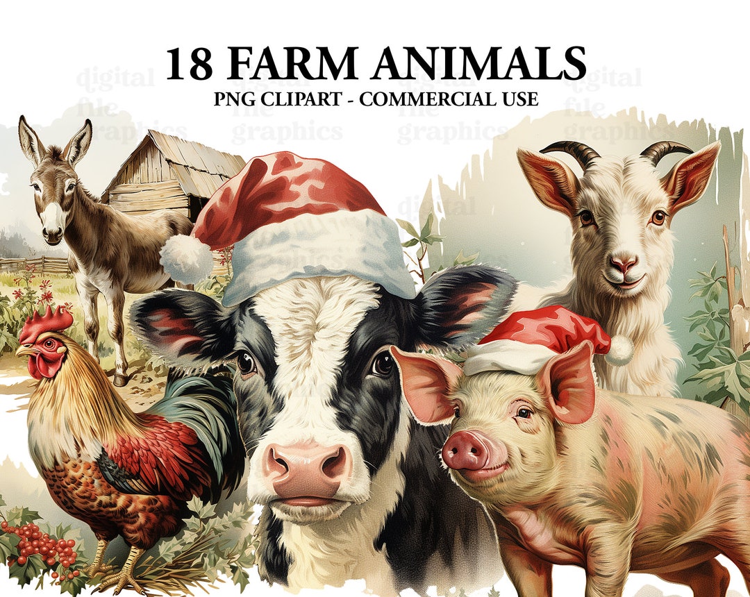 Christmas Farm Animals Watercolor Clipart, Barnyard Animal Clipart PNG ...