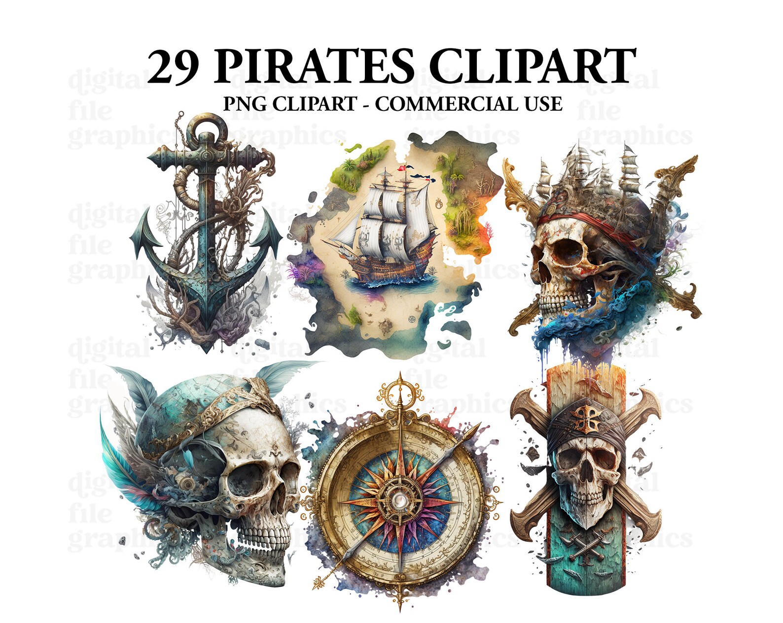 Pirate Watercolor Clipart, Pirate Skull Black Style, Magical Clipart ...