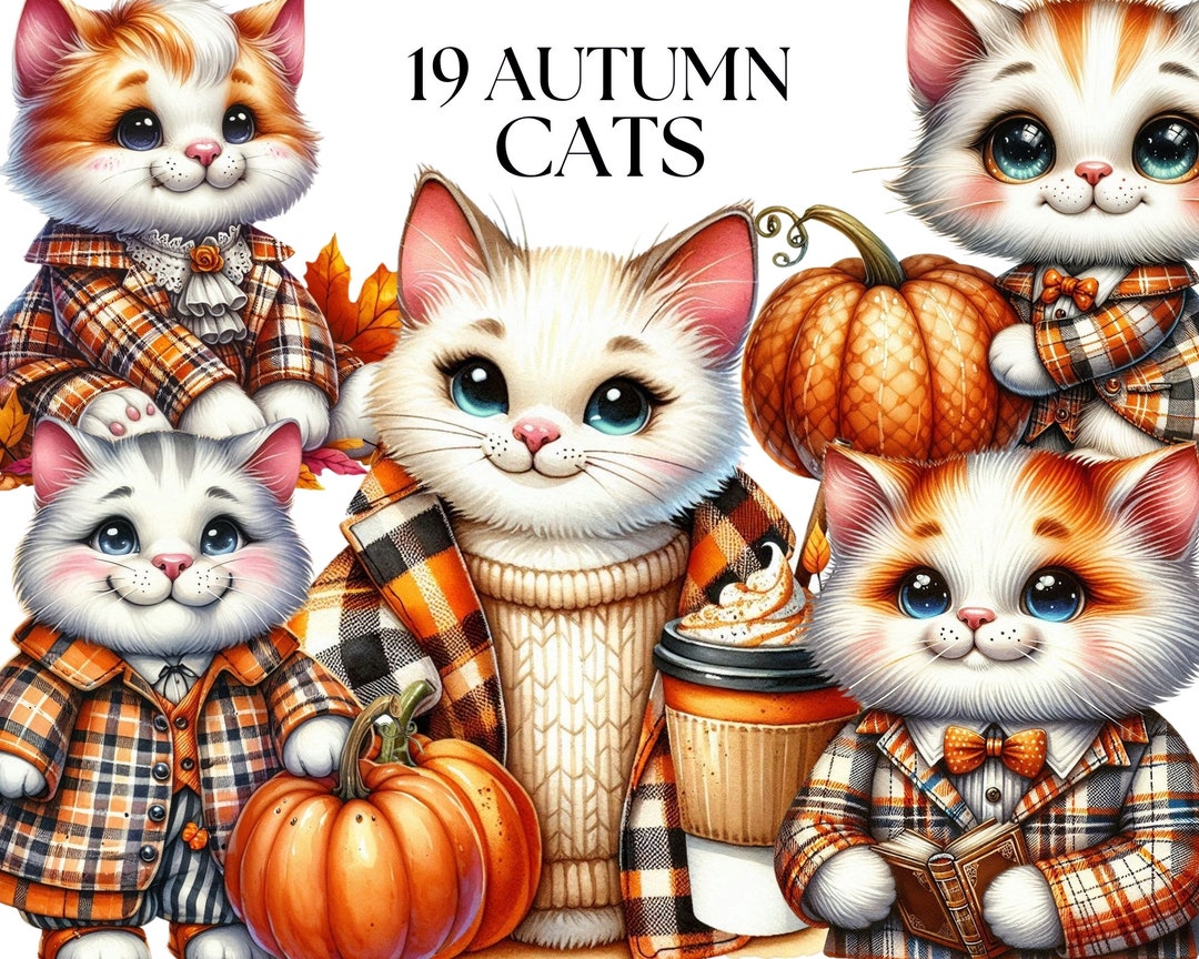 Autumn Cats Watercolor Clipart, Pumpkin Cats Clipart PNG, Fantasy ...