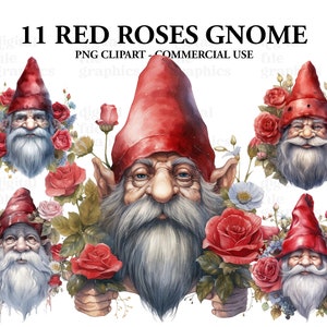 Red Roses Gnome Clipart, Watercolor Gnome, Watercolor Clipart Bundle ...