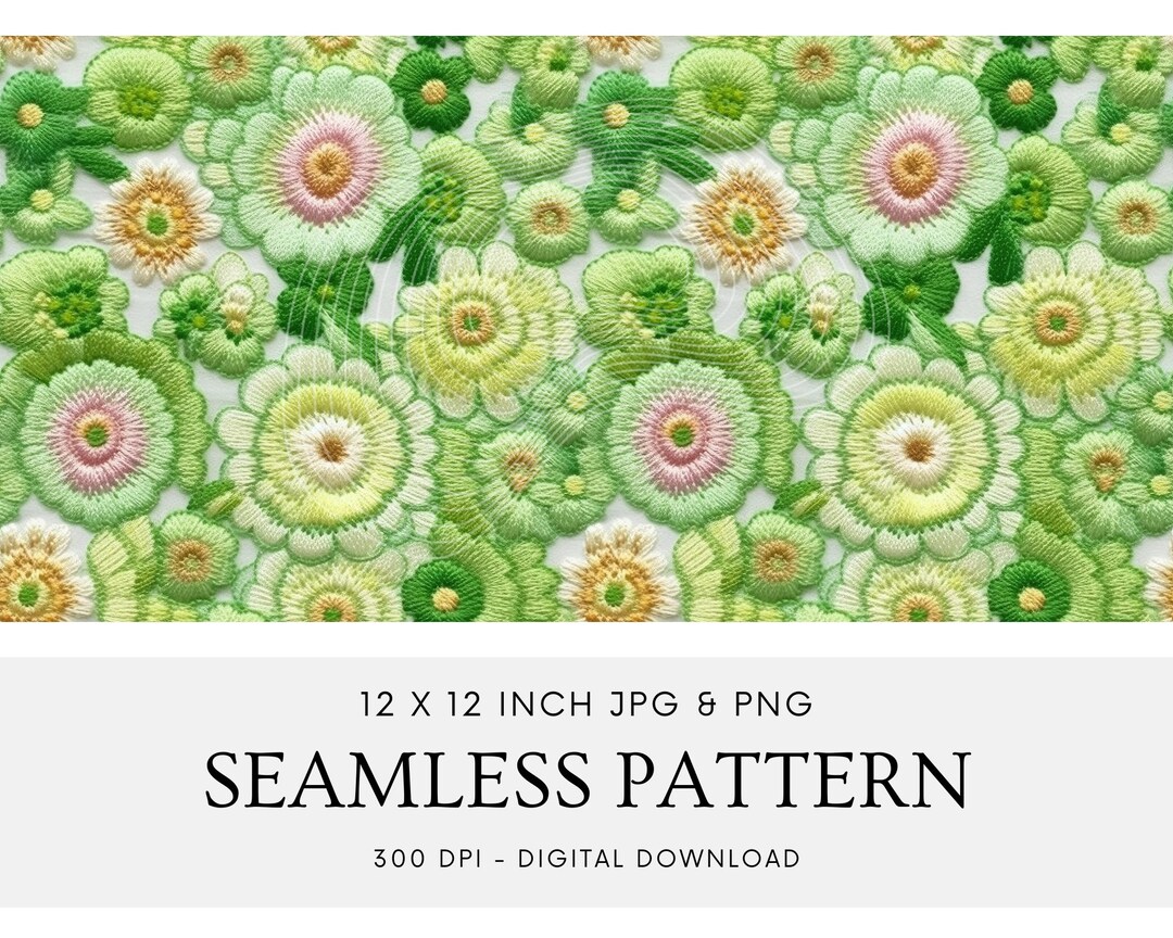 Green Floral Embroidery Seamless Pattern Flowers Embroidery Seamless