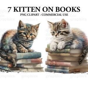 Cute Kitten on Books Watercolor Clipart, Cute Cat Art, Fantasy Clipart ...