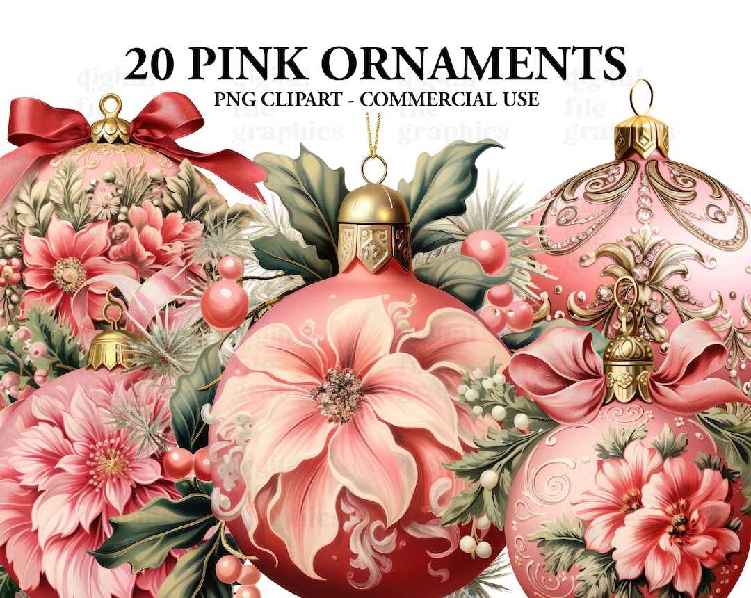 Christmas Pink Ornaments Watercolor Clipart, Tree Decoration Clipart ...