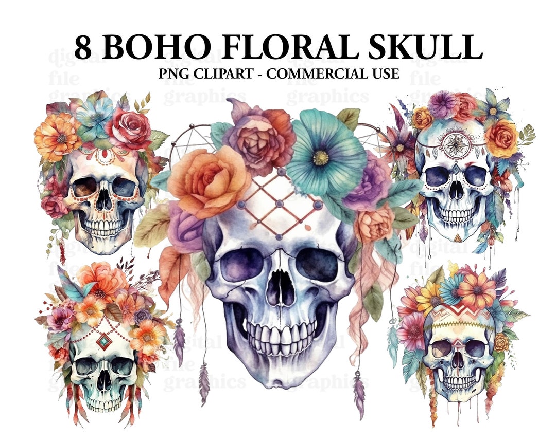 Boho Skull Watercolor Clipart, Gothic Clipart, Skull Floral Bundle PNG ...