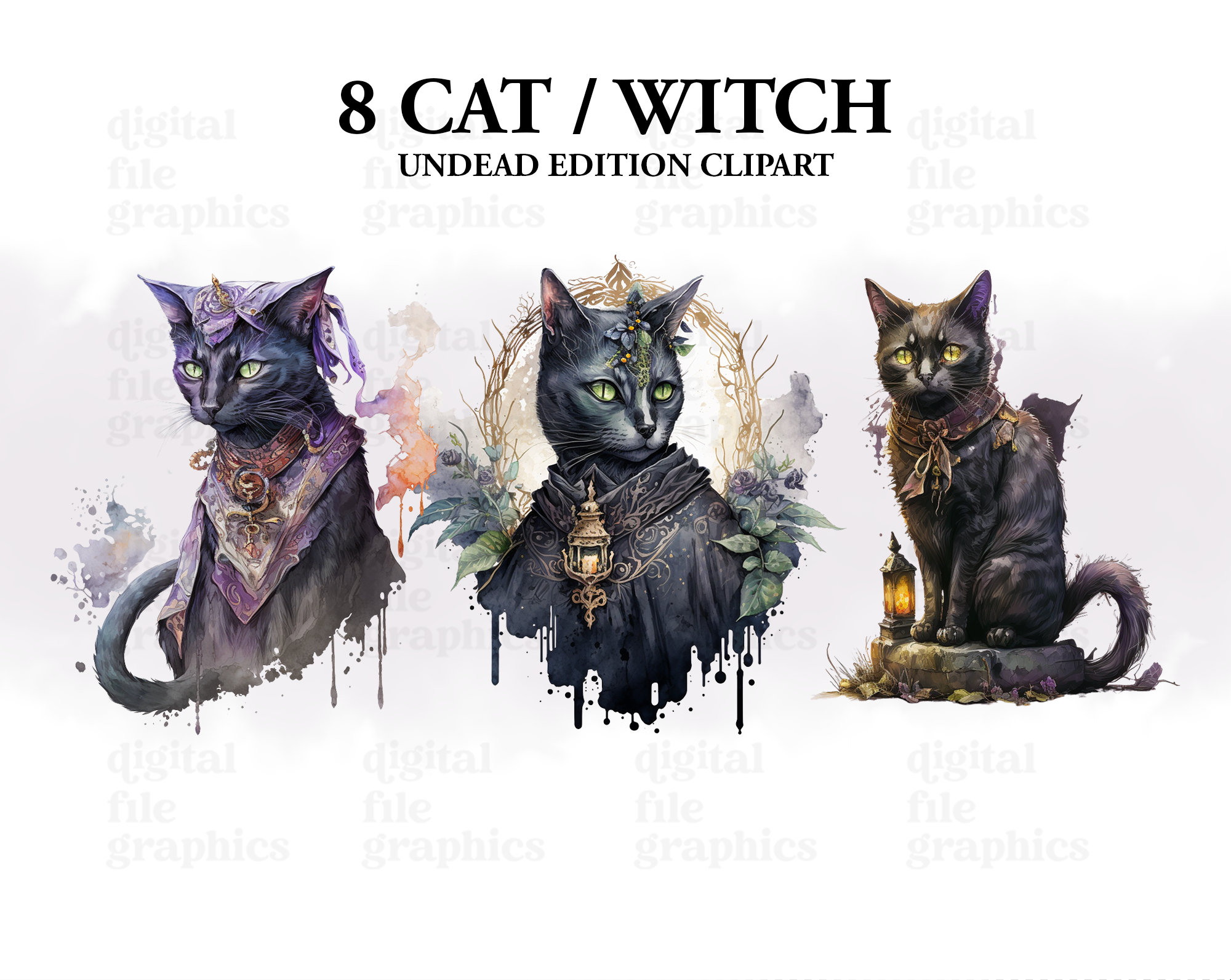 Undead Cat Watercolor Clipart Undead Art Style Fantasy - Etsy Australia