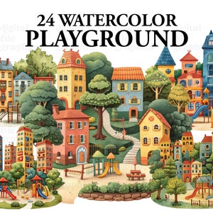 Playground Watercolor Clipart, Family Houses Clipart, City Building ...