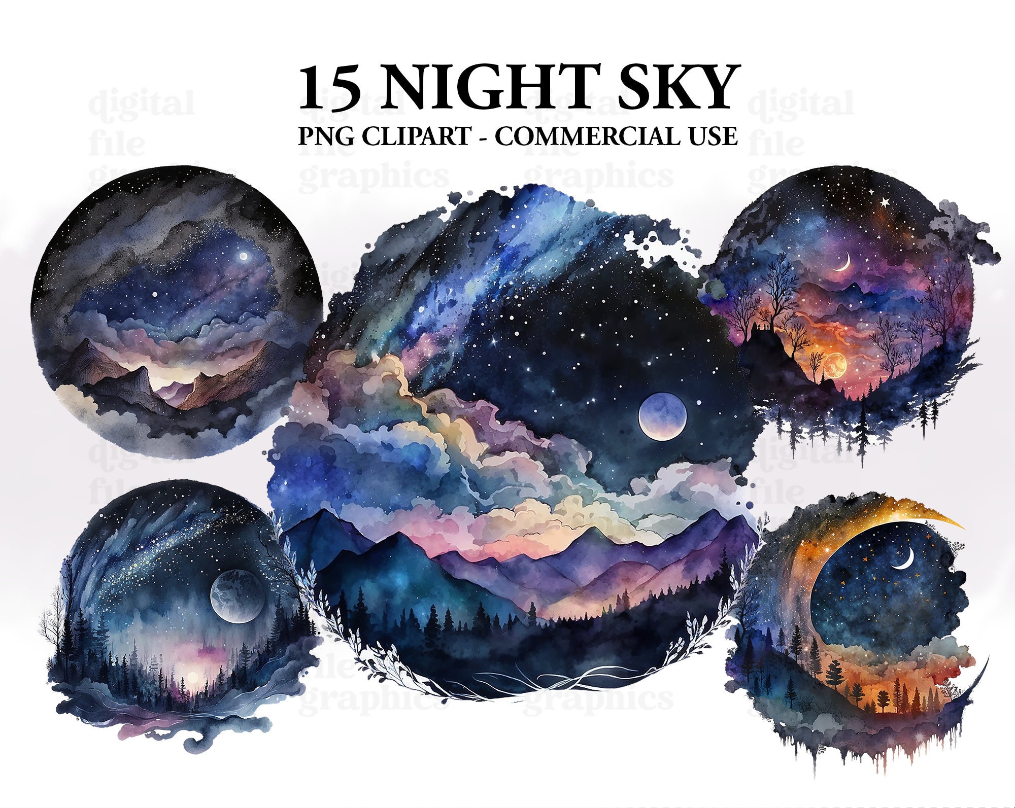 Night Sky Watercolor Clipart Stars Moon Style Magical - Etsy Canada