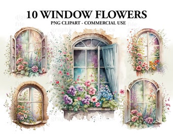 Floral Window Bundle, Flower Window Watercolor Clipart, Window Clipart ...