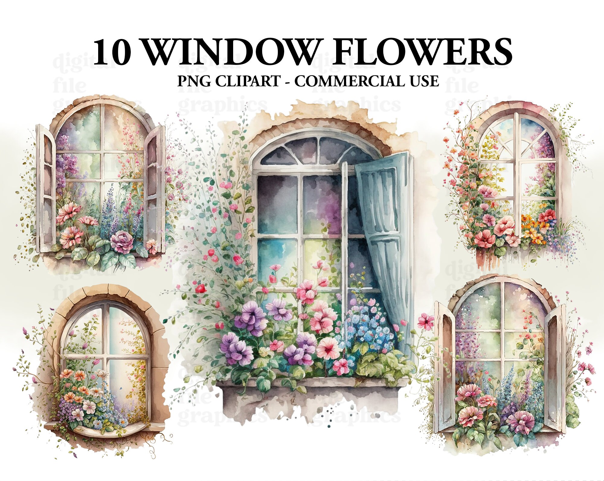 Flower Window Watercolor Clipart Window Clipart Summer - Etsy