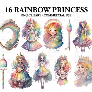 Rainbow Princess Watercolor Clipart, Princess Clipart PNG, Portrait ...