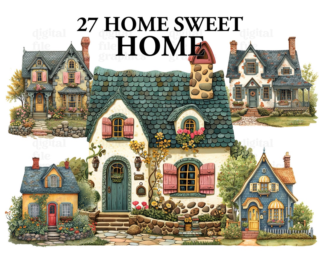 Cutest Houses Watercolor Clipart, Home Sweet Home Clipart, Country ...