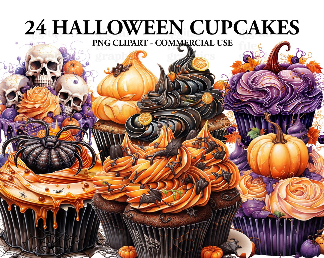 Halloween Cupcake Pumpkin Watercolor Clipart, Skull Pumpkin Cupcake ...