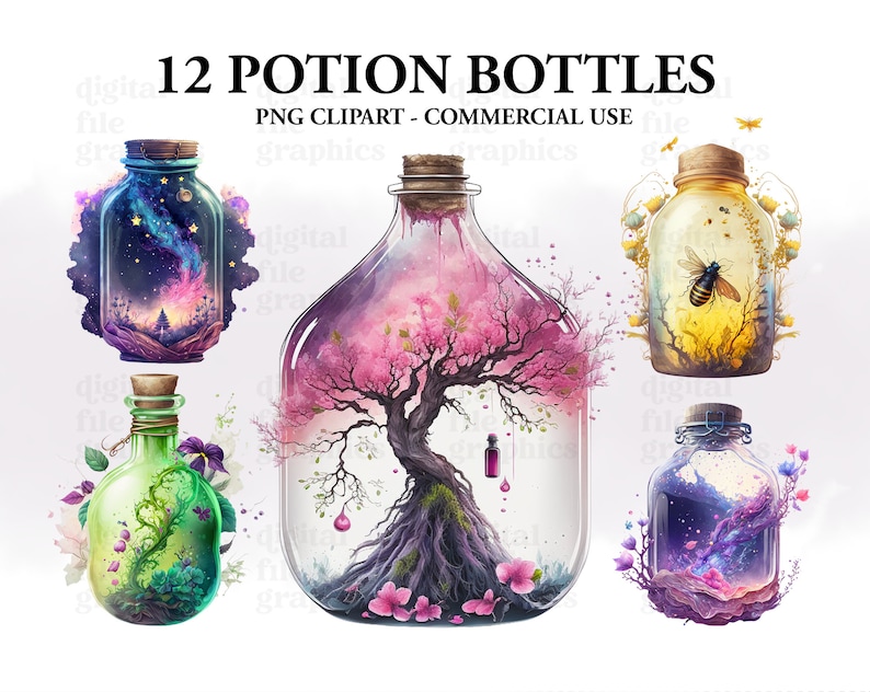 Witches Potion Bottles Watercolor Clipart Magical Mystical - Etsy