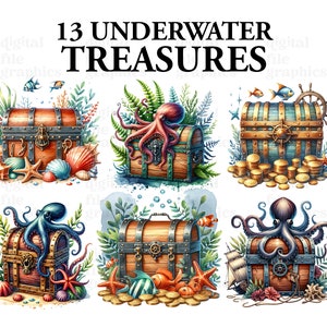 Underwater Treasure Watercolor Clipart, Gold Treasure Clipart PNG, Sea ...
