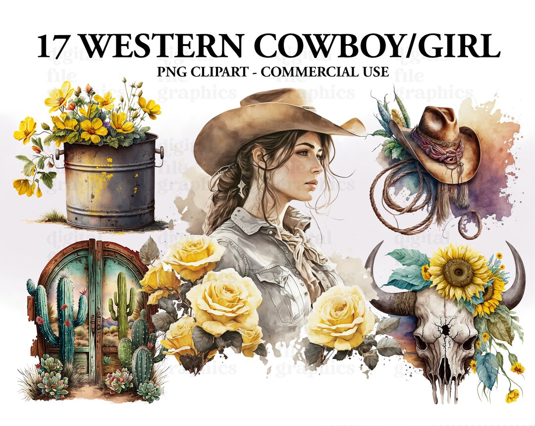 Western Cowboy Cowgirl Watercolor Clipart, Western Bundle PNG, Roses ...