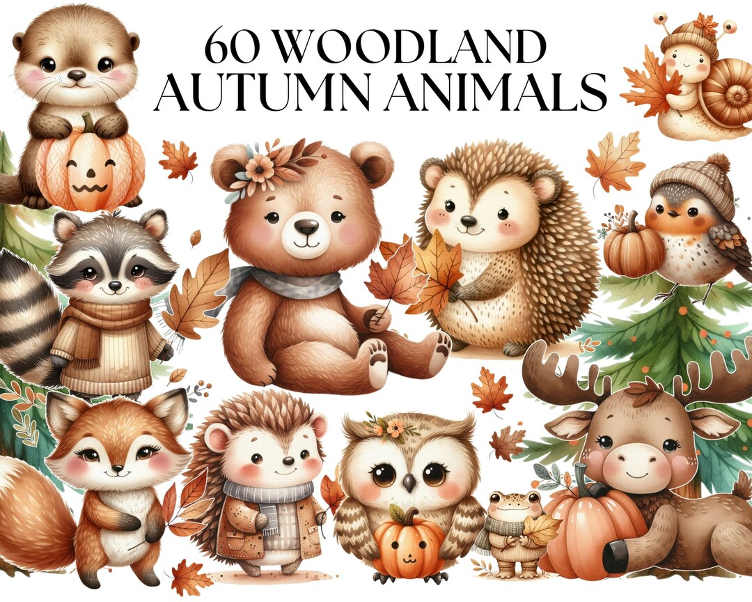 Woodland Autumn Clipart, Cute Woodland Animals Clipart, Fall Baby ...