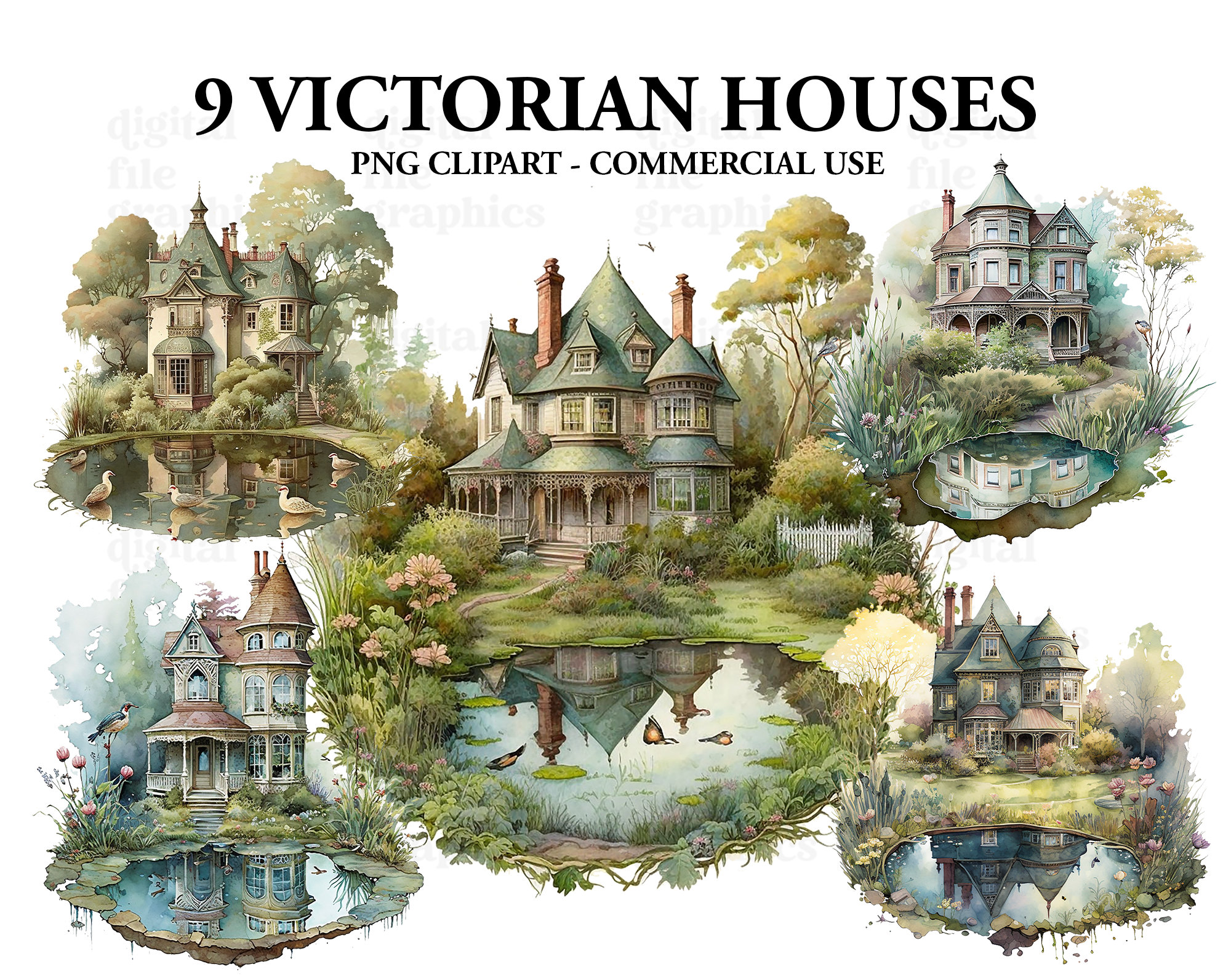 Victorian House Watercolor Clipart House Pond Clipart - Etsy UK