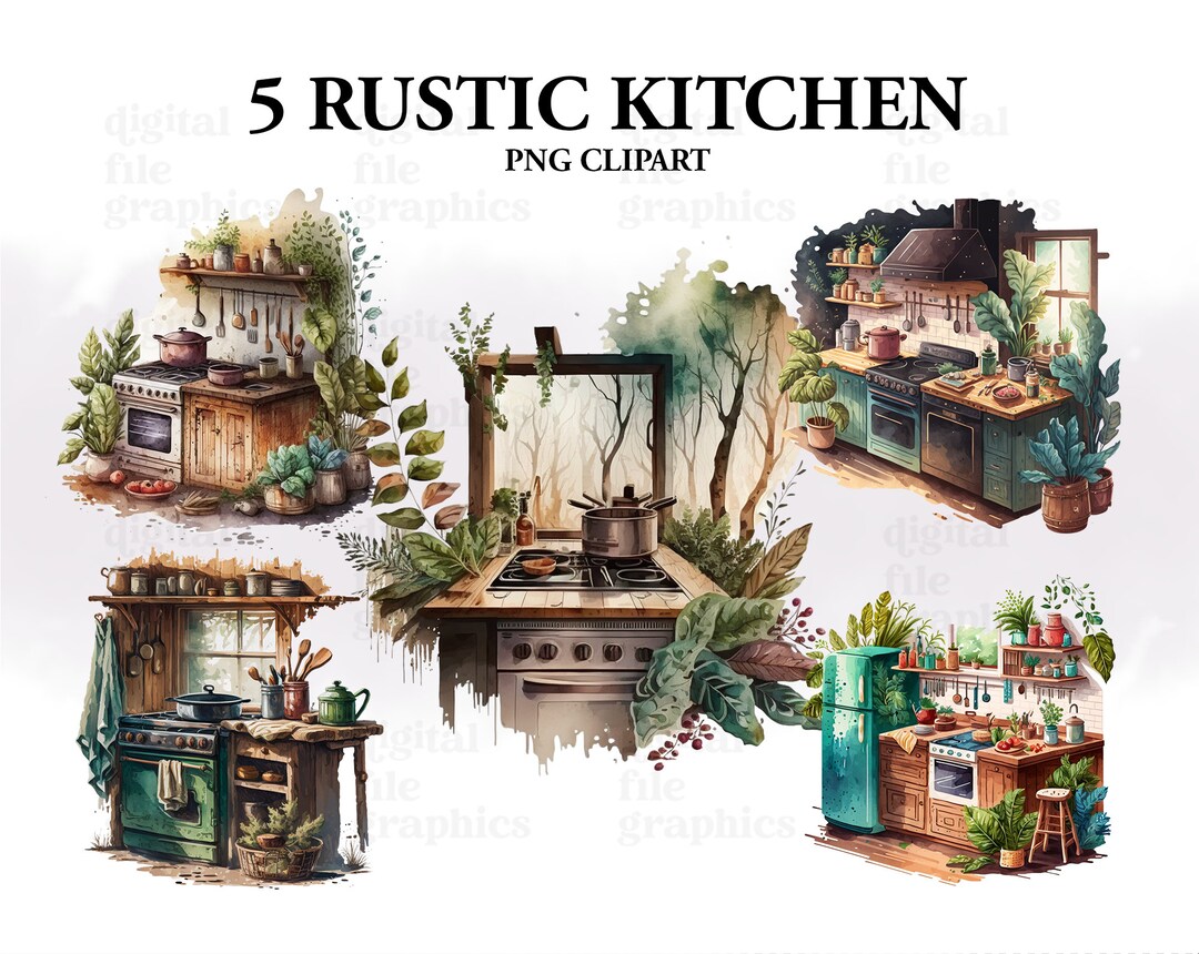Rustic Kitchen Home Watercolor Clipart, Kitchen Interior, Favourite ...