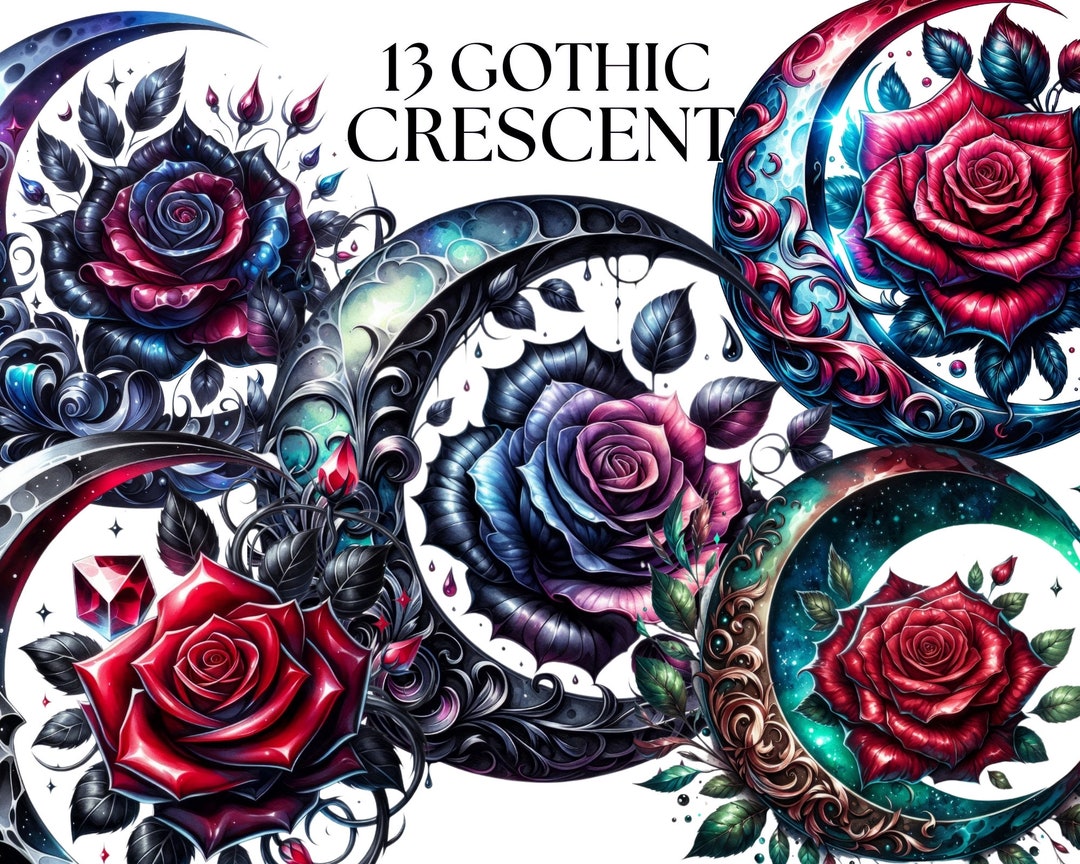 Gothic Crescent Moon Watercolor Clipart, Rose Clipart, Moon Bundle ...